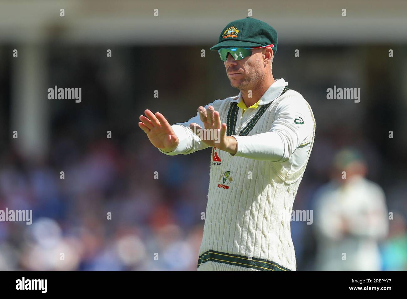 David Warner of Australia signals during the LV= Insurance Ashes Fifth ...