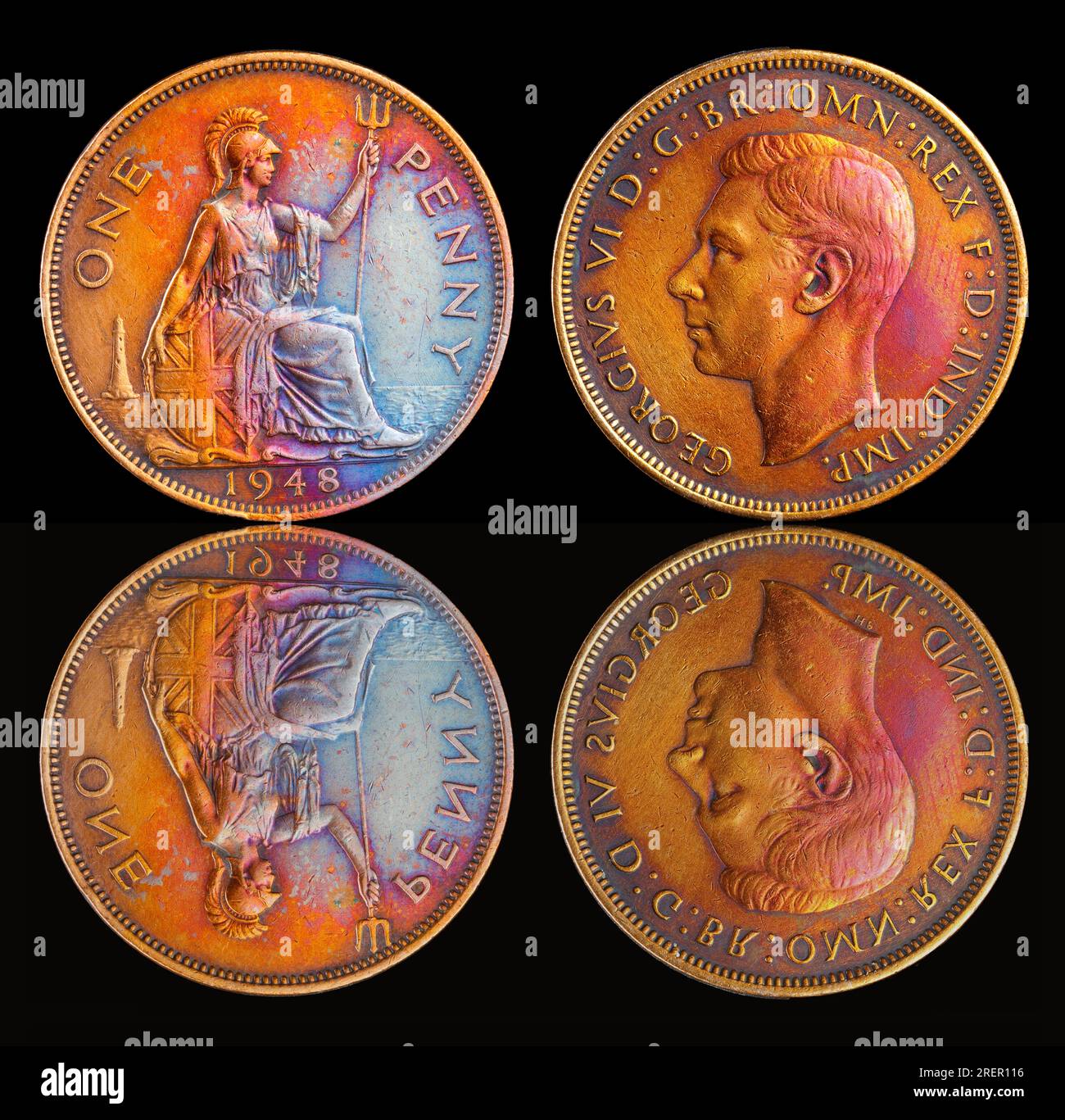 1948 Britannia One Penny with rainbow toning colours. The obverse ...
