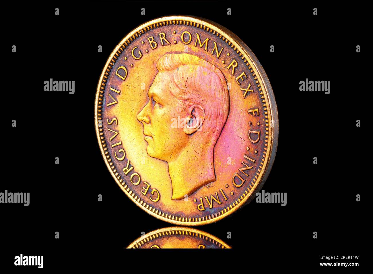 1948 Britannia One Penny with rainbow toning colours. The obverse ...