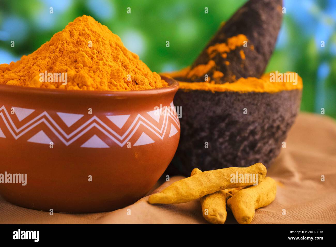 Dry turmeric powder (curcuma longa linn) stone mortar, traditional ...