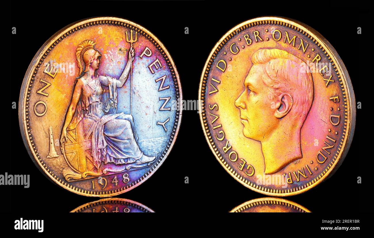 1948 Britannia One Penny with rainbow toning colours. The obverse ...