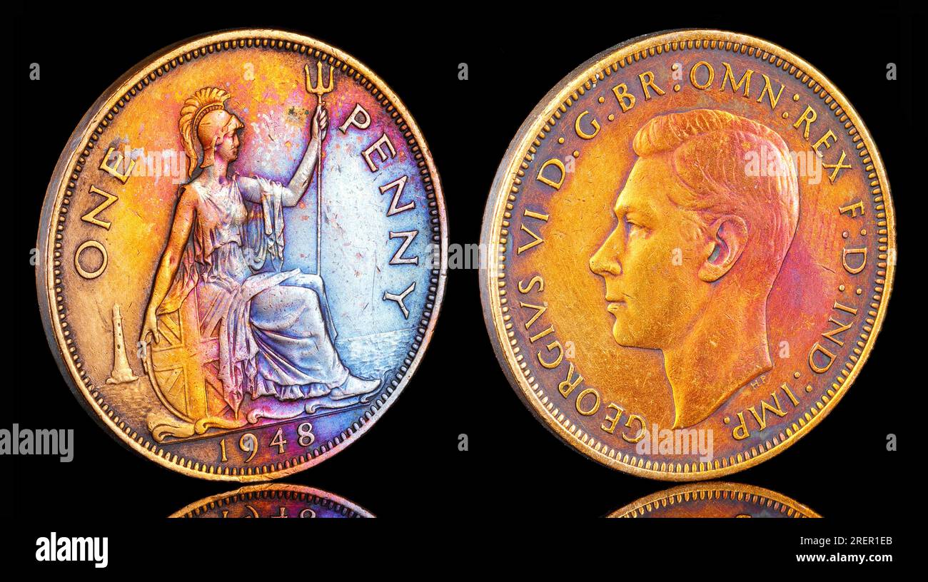 1948 Britannia One Penny with rainbow toning colours. The obverse ...