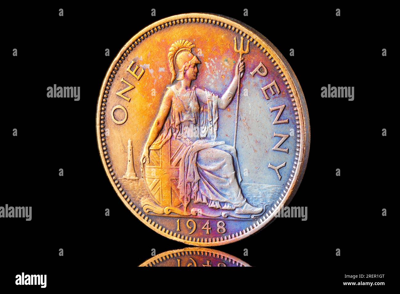 1948 Britannia One Penny with rainbow toning colours. The obverse ...