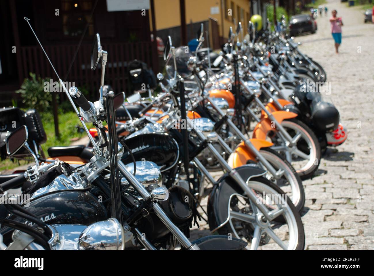 Motorcycles parked in a row in Vila de Paranapiacaba, Brazil Stock ...