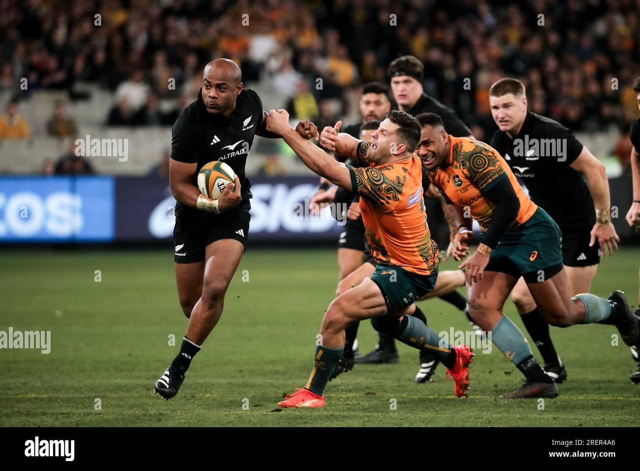 Melbourne, Australia, 29 July, 2023. Mark Telea of the All Blacks runs ...