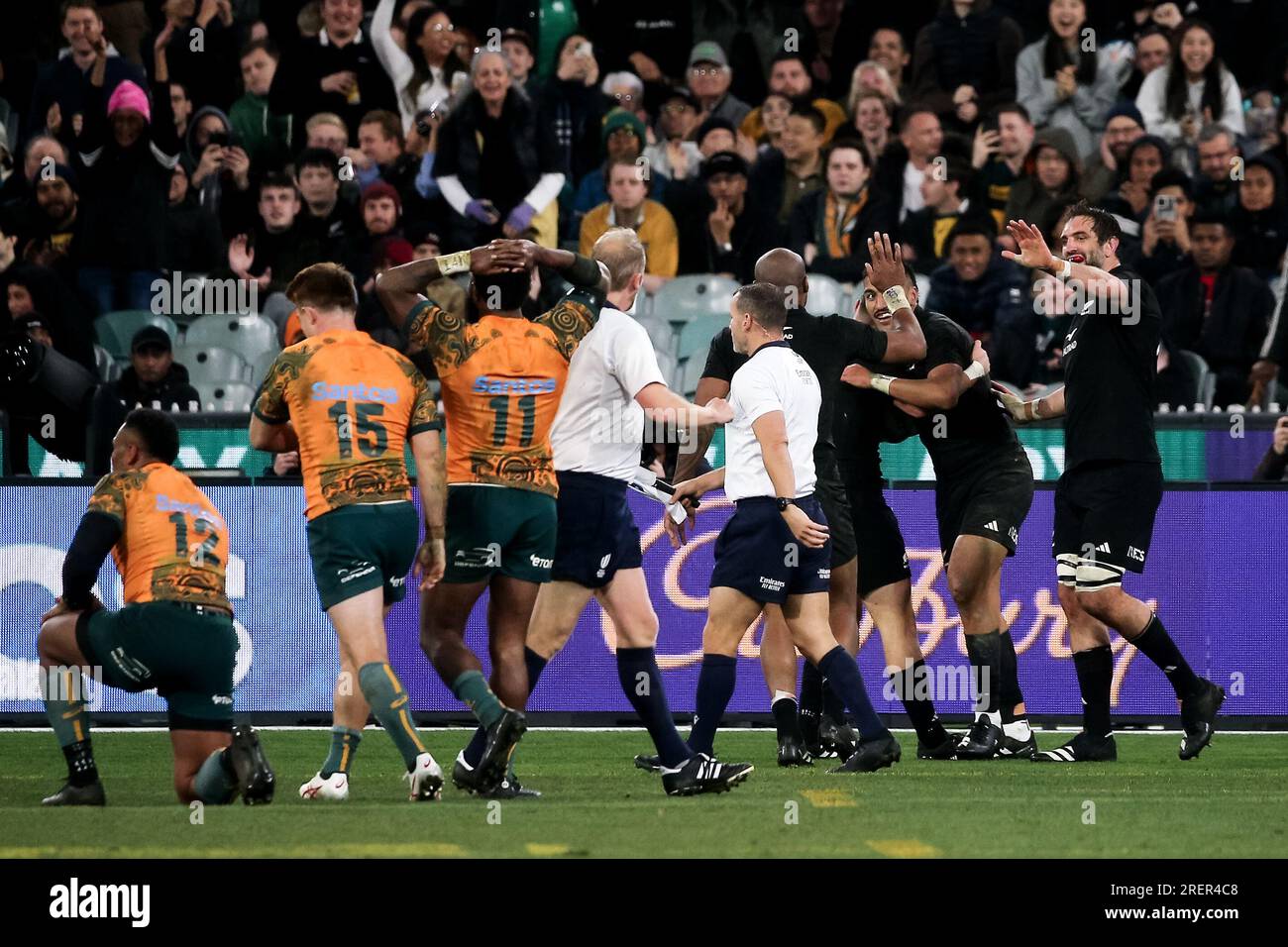 Melbourne, Australia, 29 July, 2023. New Zealand celebrate during the Bledisloe Cup match ...