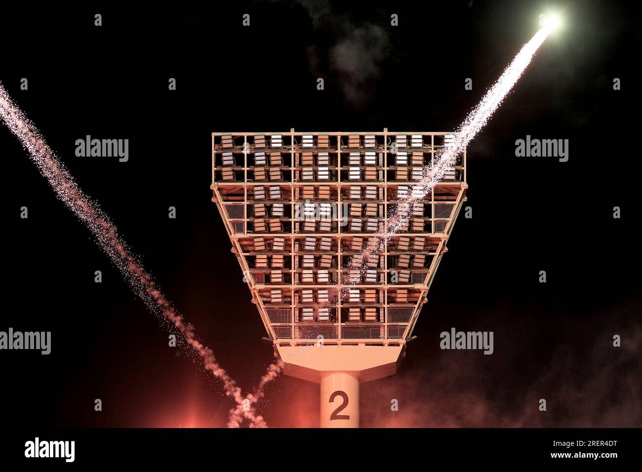 MELBOURNE, AUSTRALIA - JULY 29: A view of fireworks with the MCG lights ...