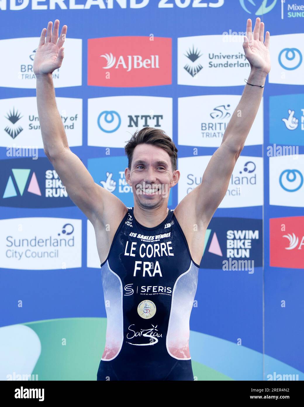 France's Pierre Le Corre looks on from the podium after winning gold in ...