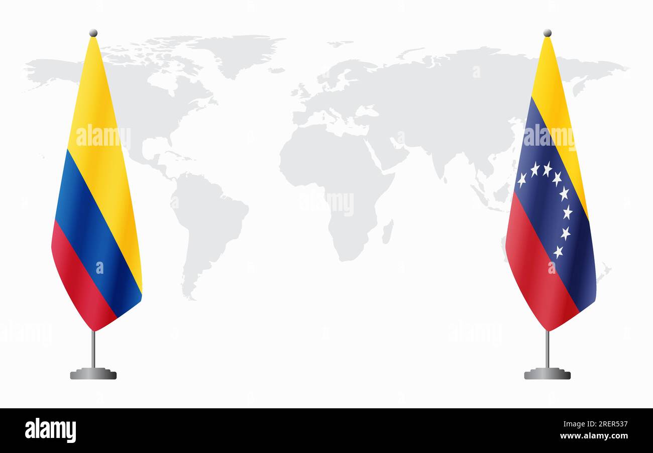 Colombia and Venezuela flags for official meeting against background of ...