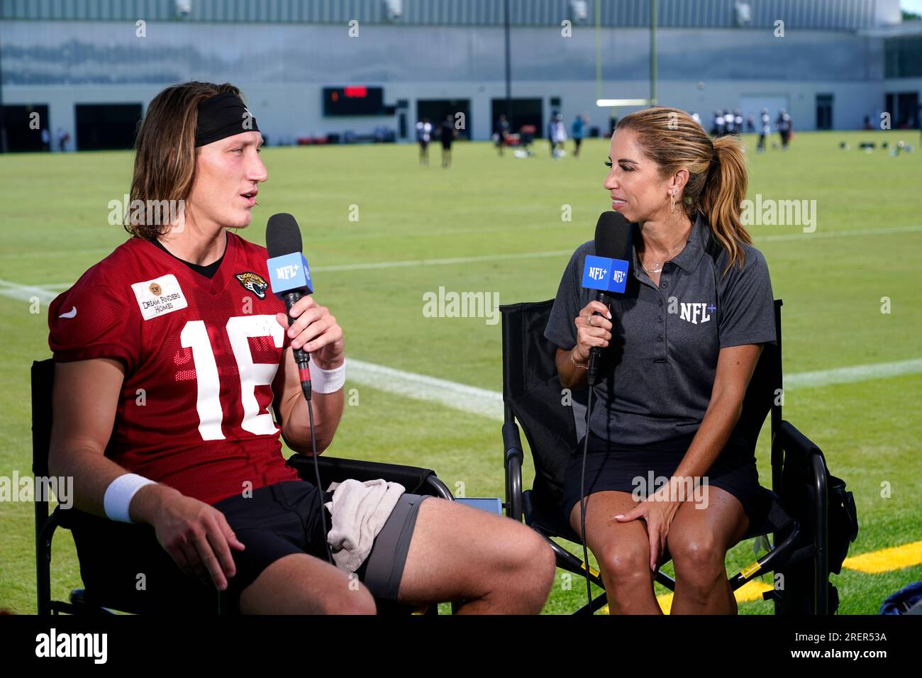 NFL Network sports commentator Sarah Walsh, right, interviews Jacksonville Jaguars quarterback ...