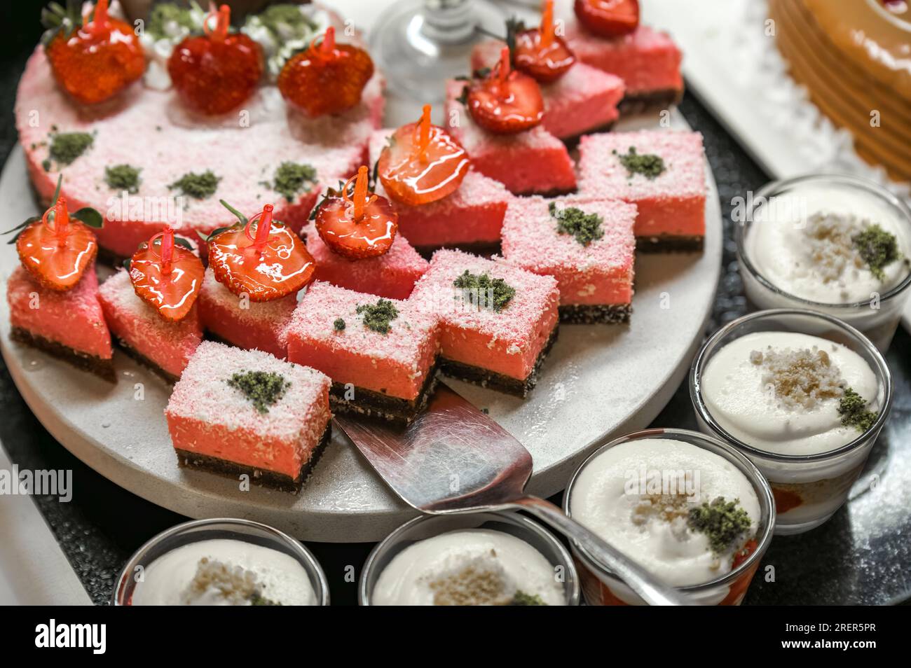 Sweet pastry food in the open buffet in Turkey. Many varied cakes in ...