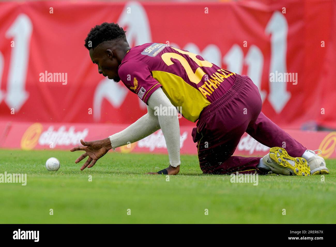 West Indies' Alick Athanaze fields against India on the second ODI ...