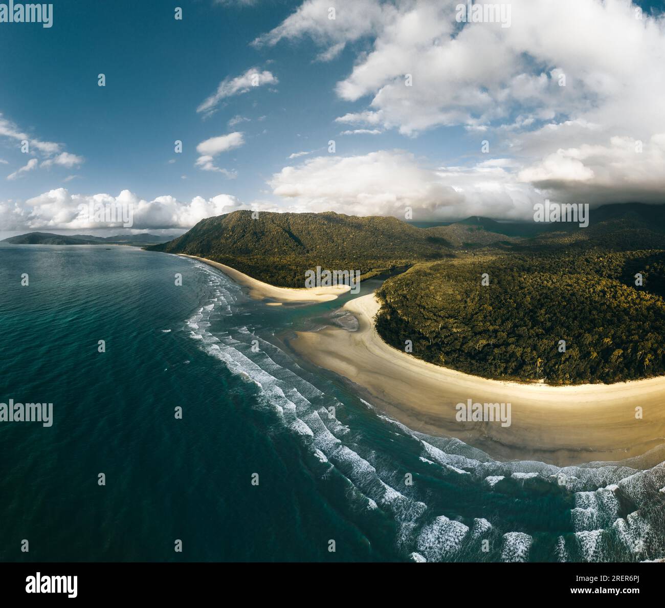 An aerial view of Myall Beach at Cape Tribulation in daintree national ...