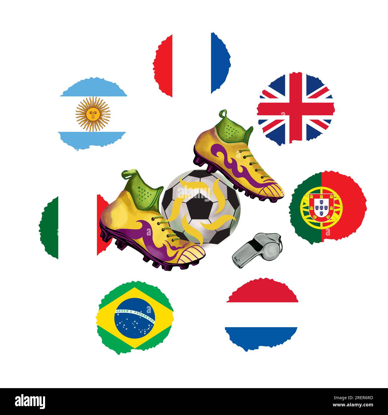 Football boots, ball and whistle on the background of flags of ...