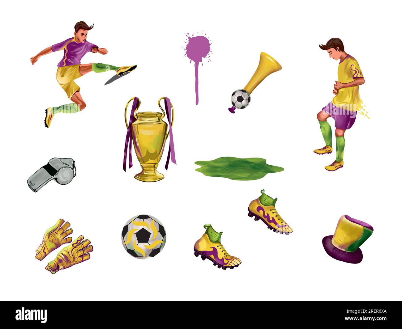 Football boots, ball, whistle, fan's hat and pipe, football players ...