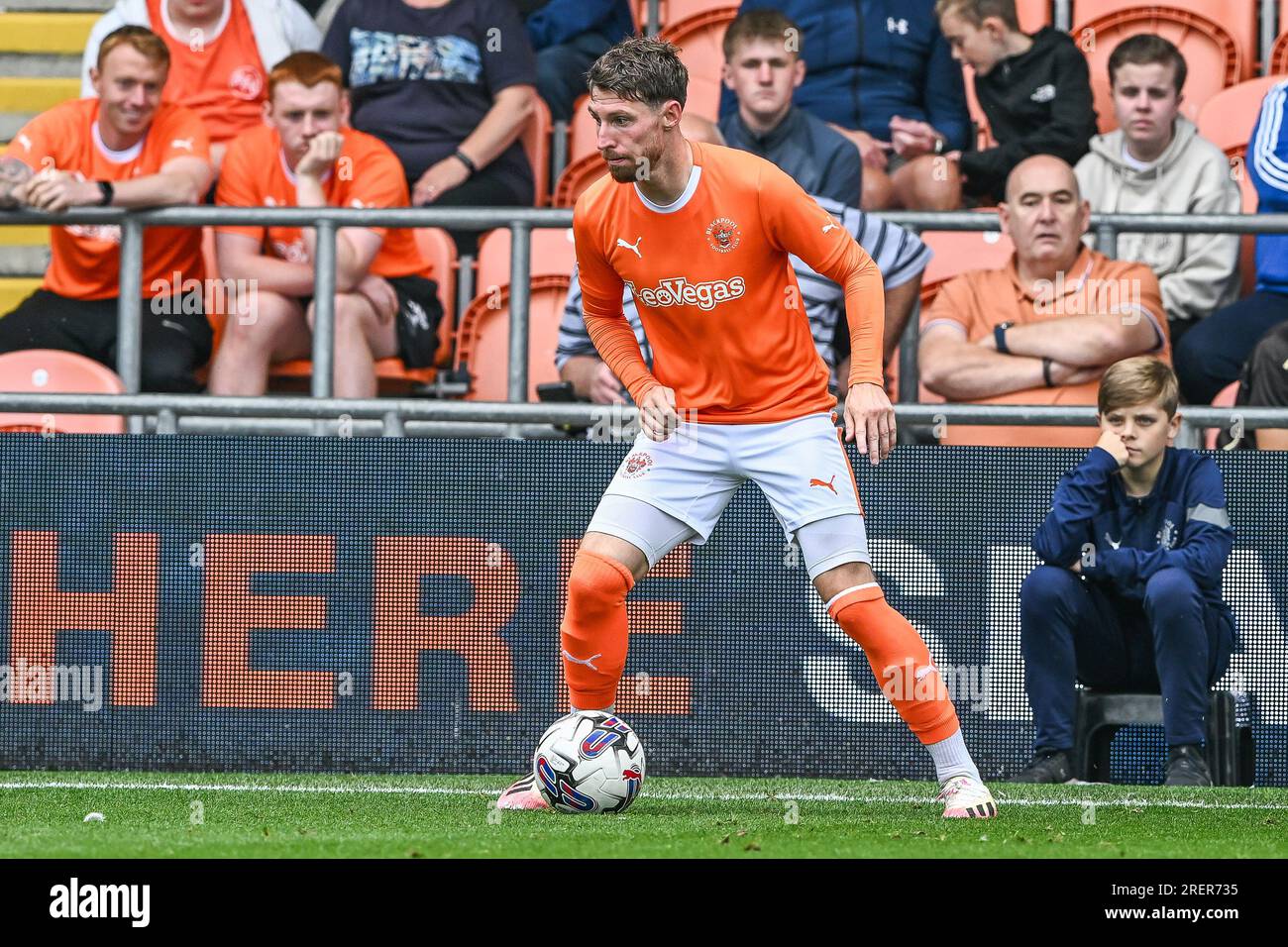 James Husband #3 of Blackpool in action during the Pre-season friendly ...
