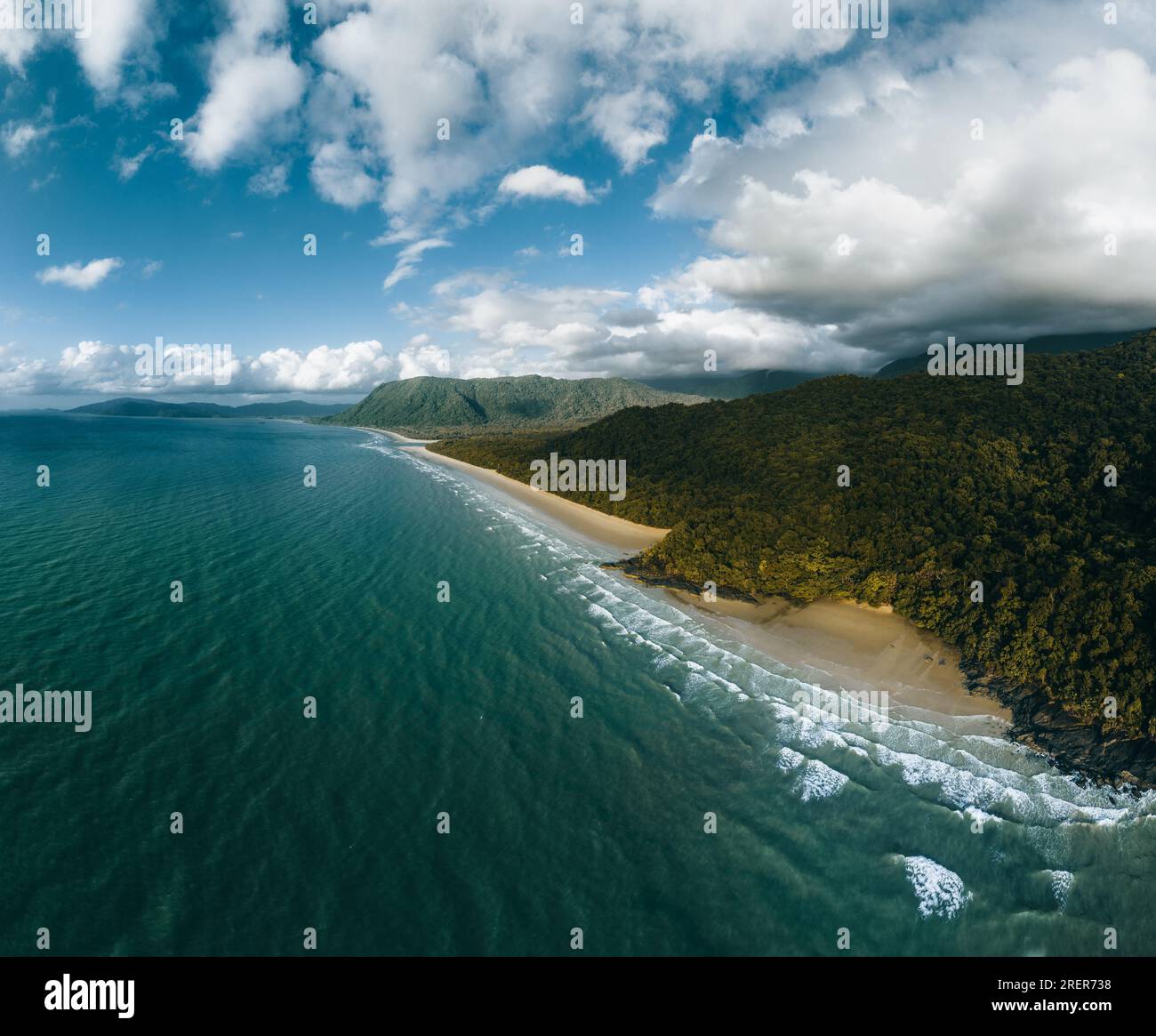 Panorama Cape Tribulation aerial view of Myall Beach at Daintree ...