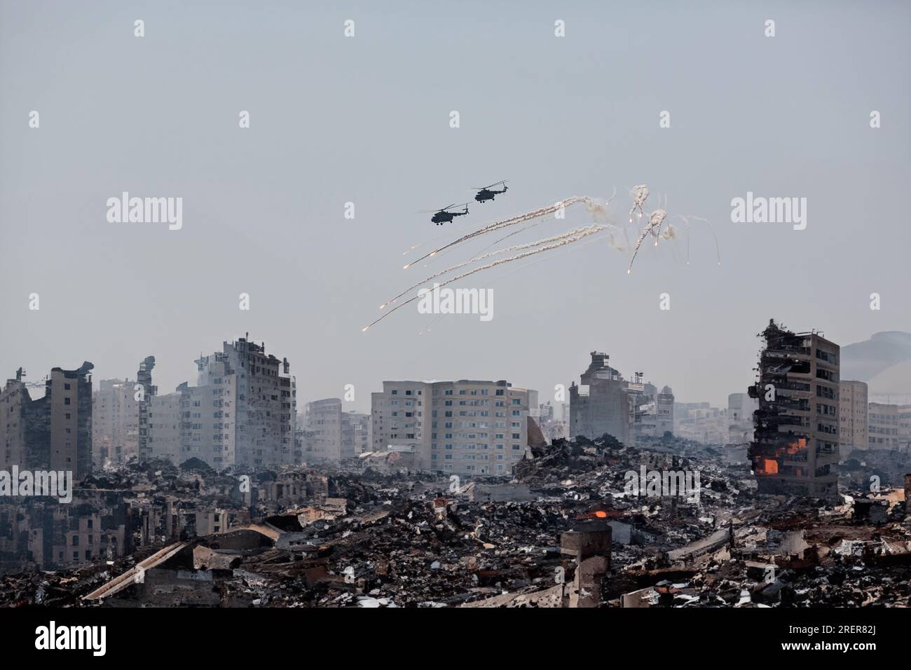 military helicopters evading air defense. A helicopter releases heat ...