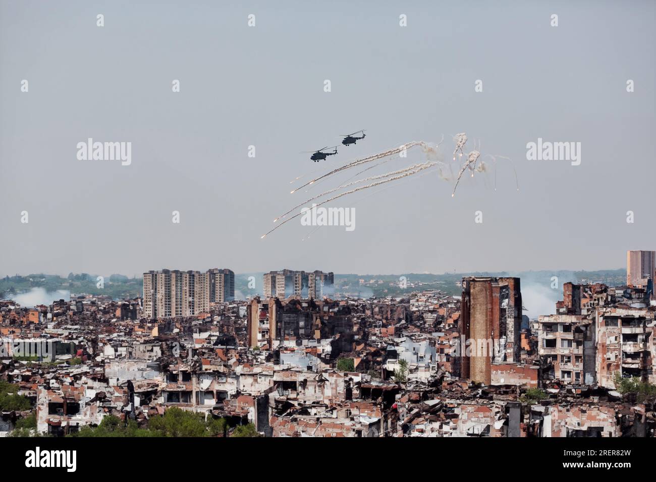military helicopters evading air defense. A helicopter releases heat ...