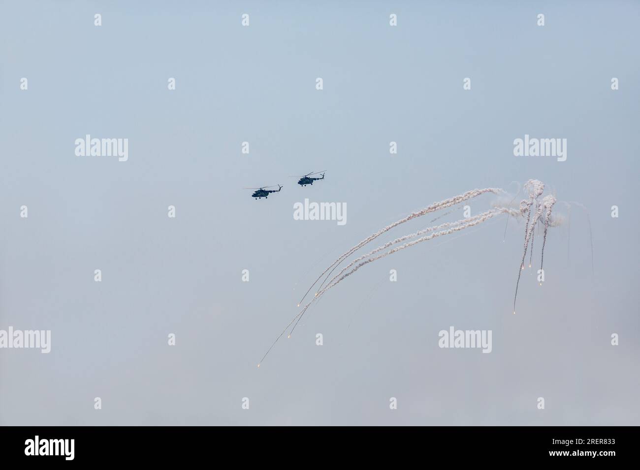 military helicopters evading air defense. A helicopter releases heat ...