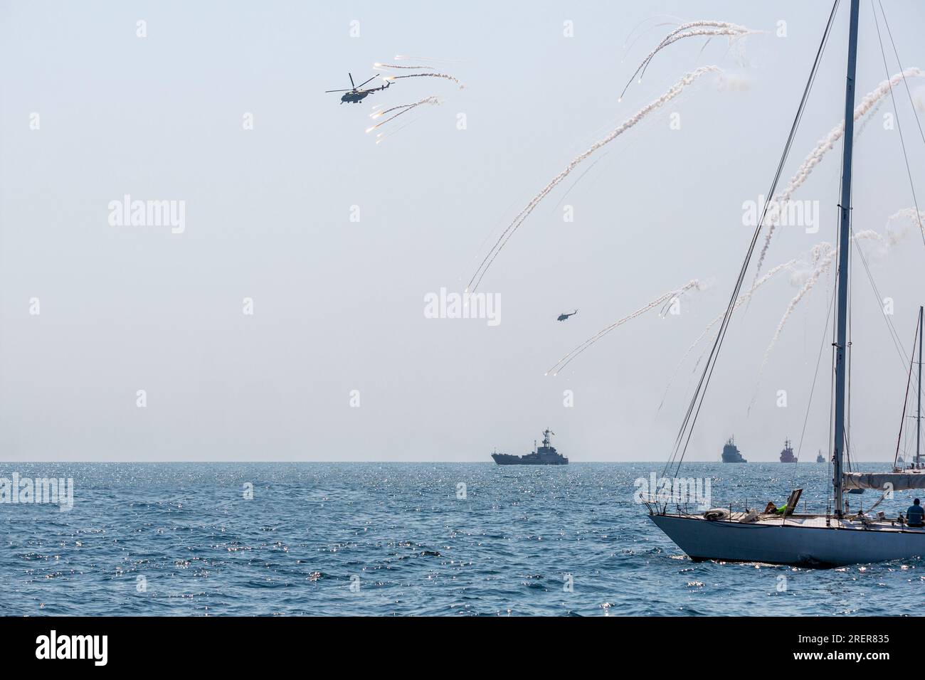 military helicopters evading air defense. A helicopter releases heat ...