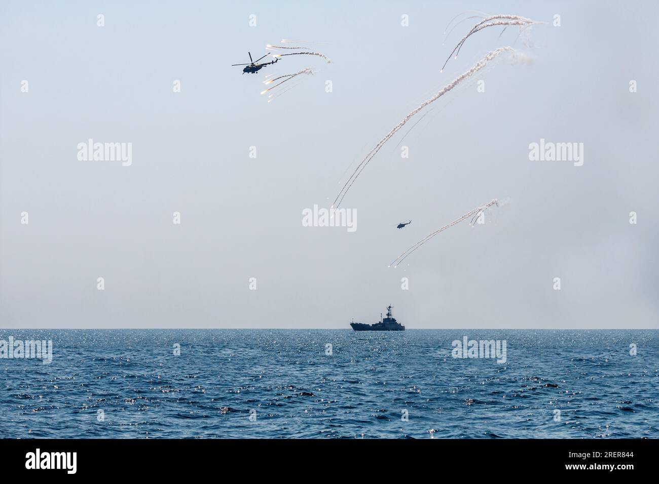 military helicopters evading air defense. A helicopter releases heat ...