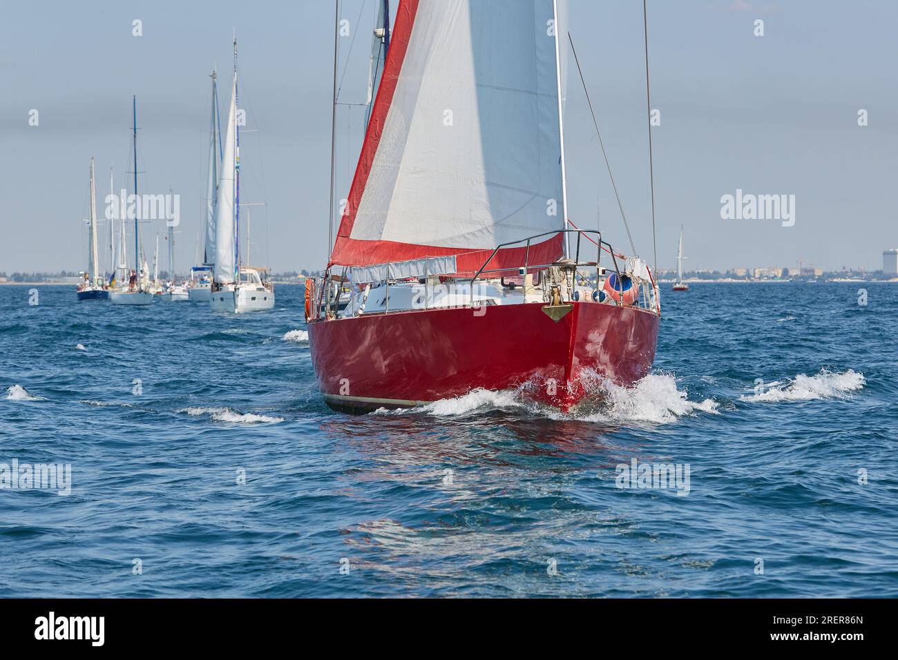 sailing yacht from the bow. Close-up front view of the bow of a ...