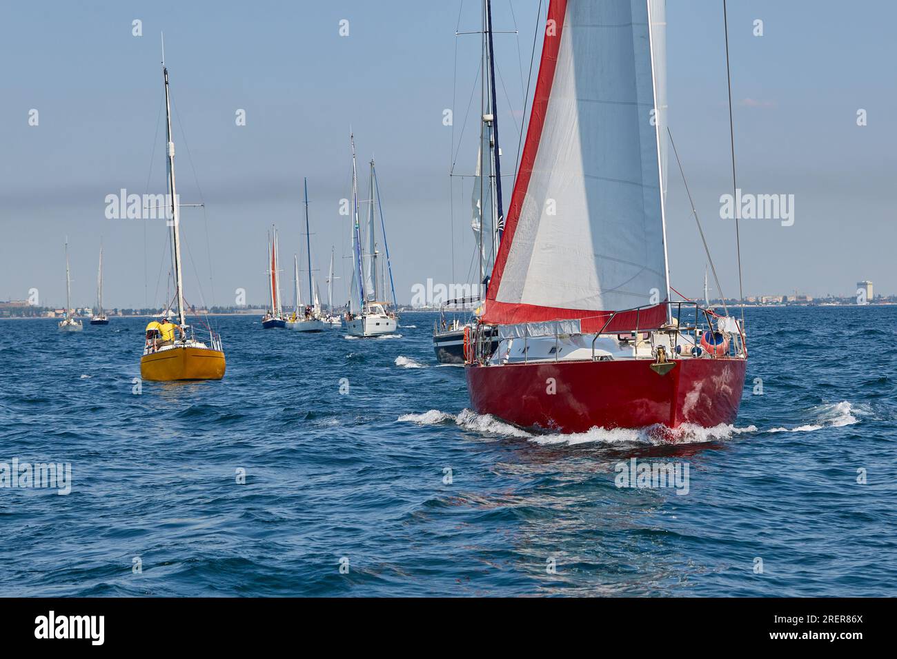 sailing yacht from the bow. Close-up front view of the bow of a ...