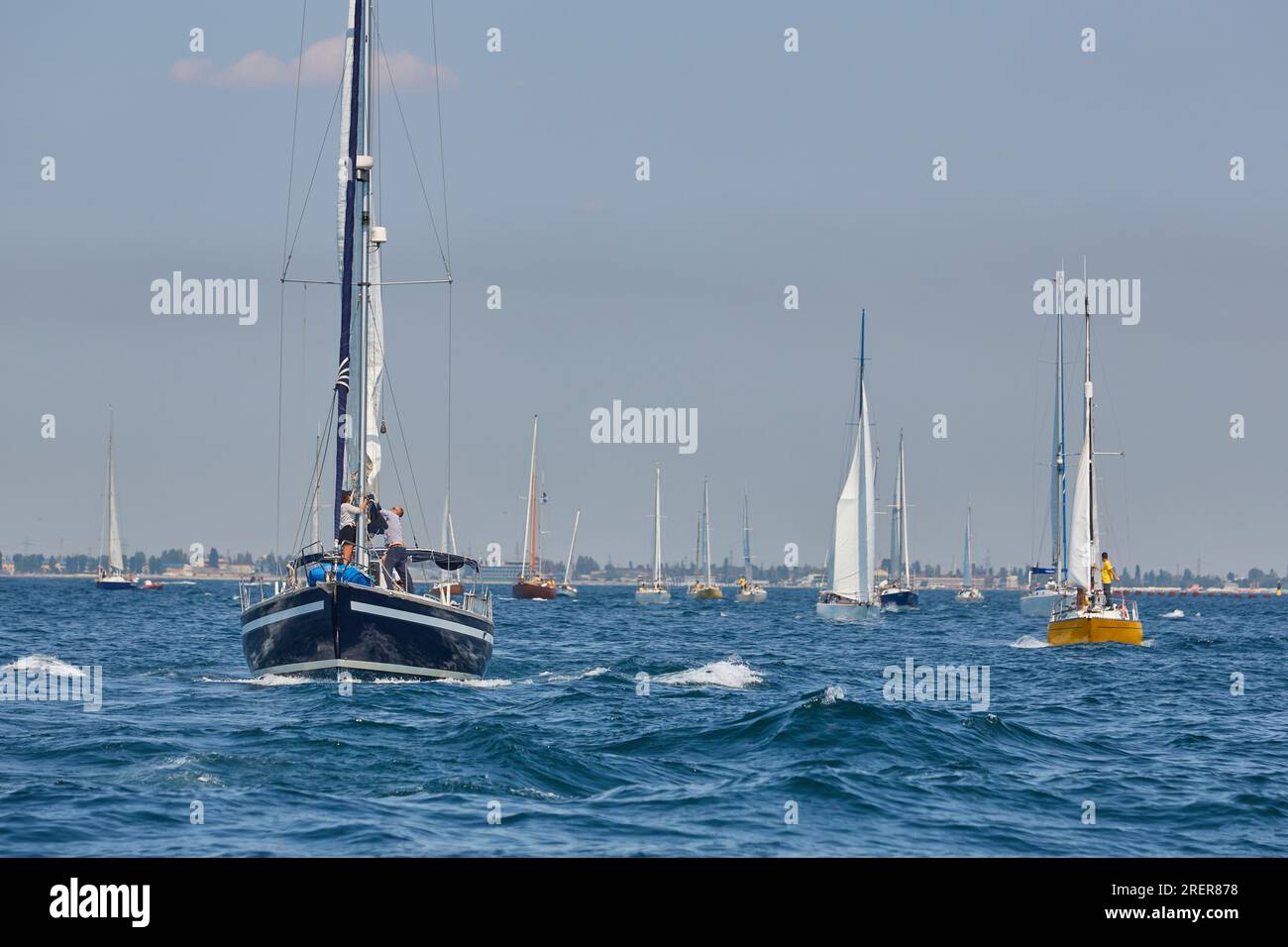 sailing yacht from the bow. Close-up front view of the bow of a ...