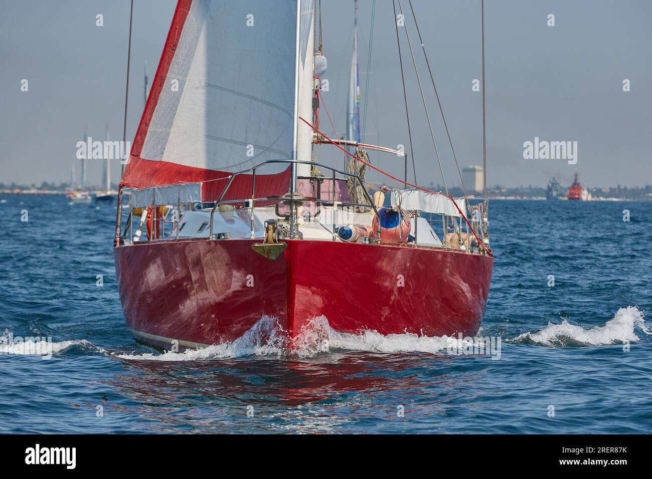 sailing yacht from the bow. Close-up front view of the bow of a ...
