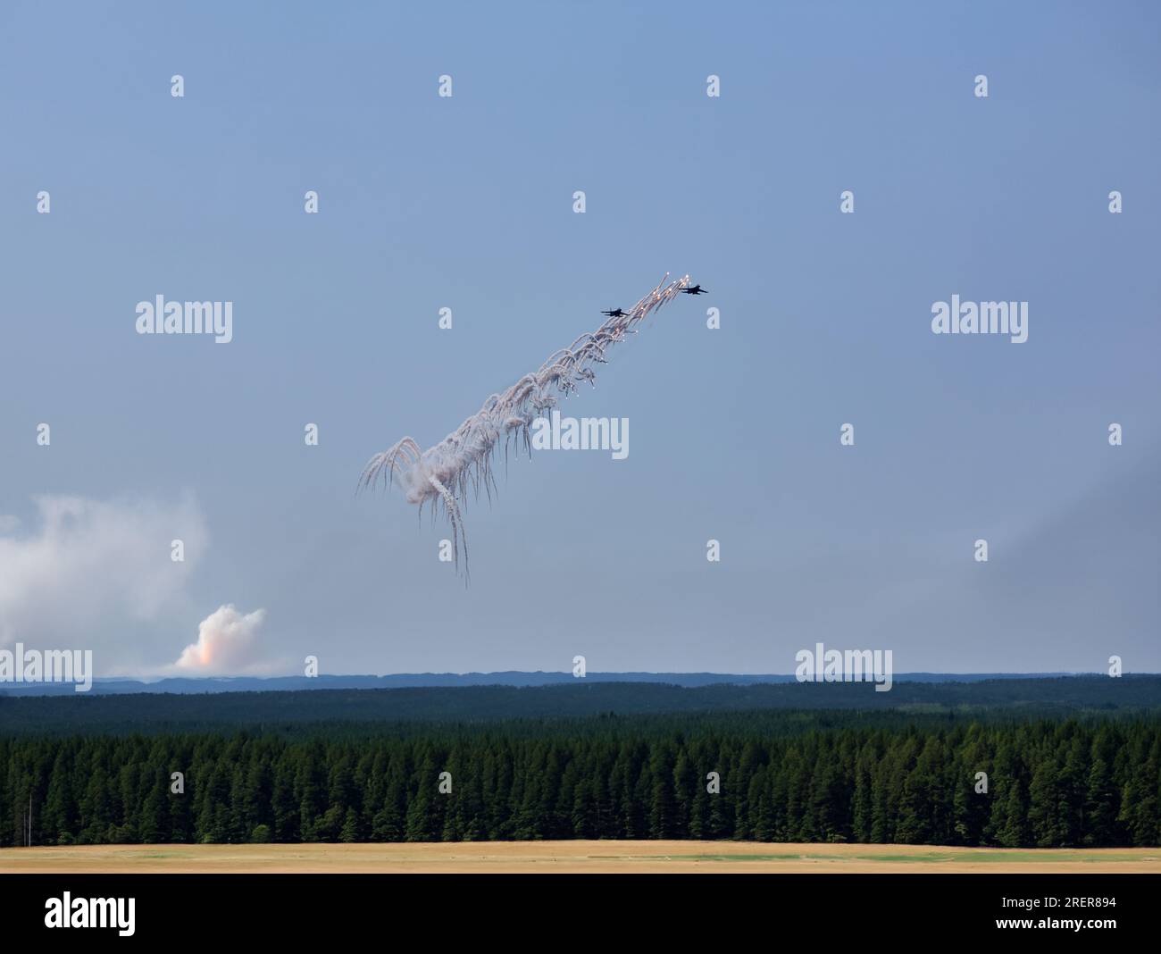 a fighter jet during an aerial battle. Military aircraft launching heat ...