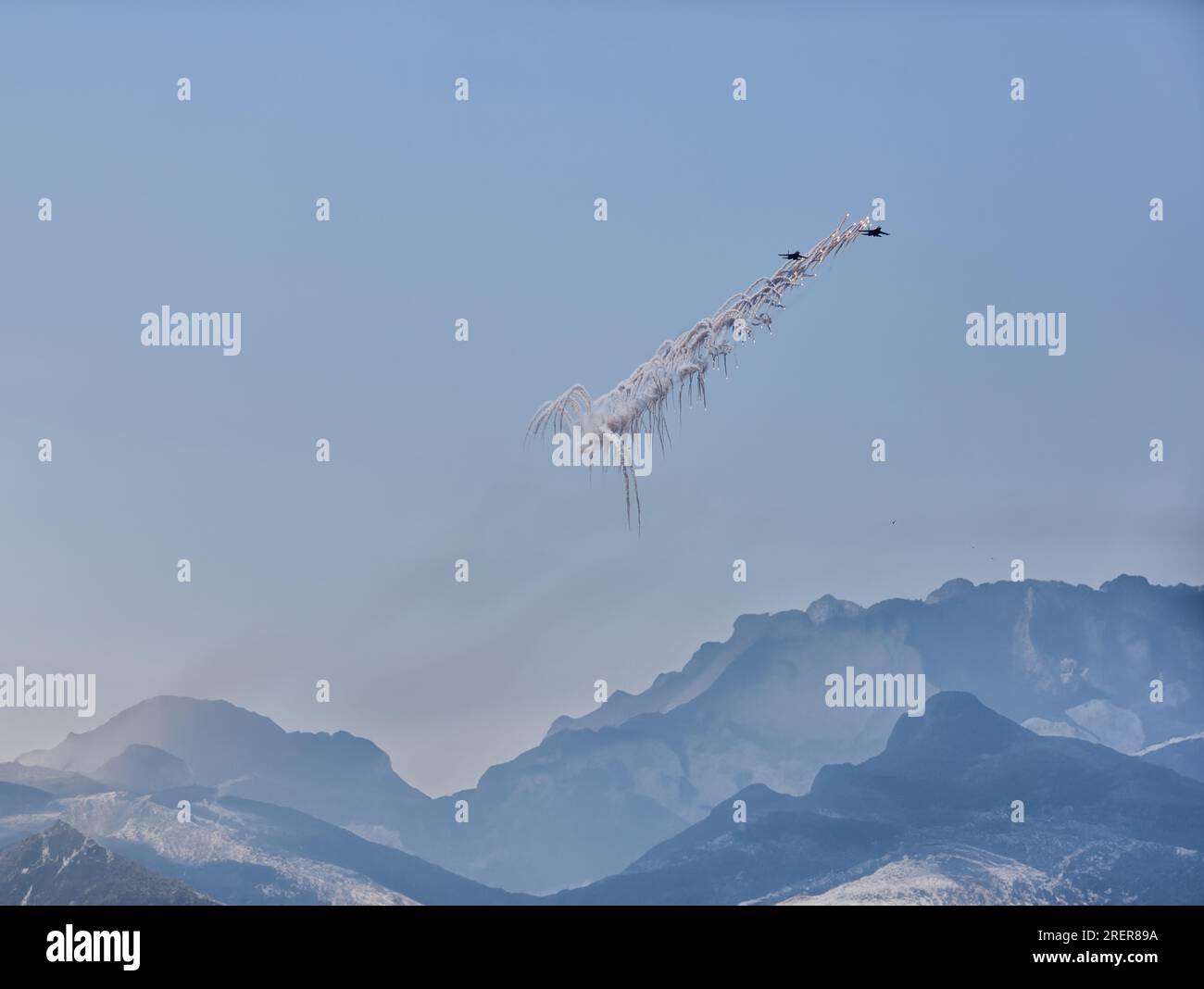 a fighter jet during an aerial battle. Military aircraft launching heat ...