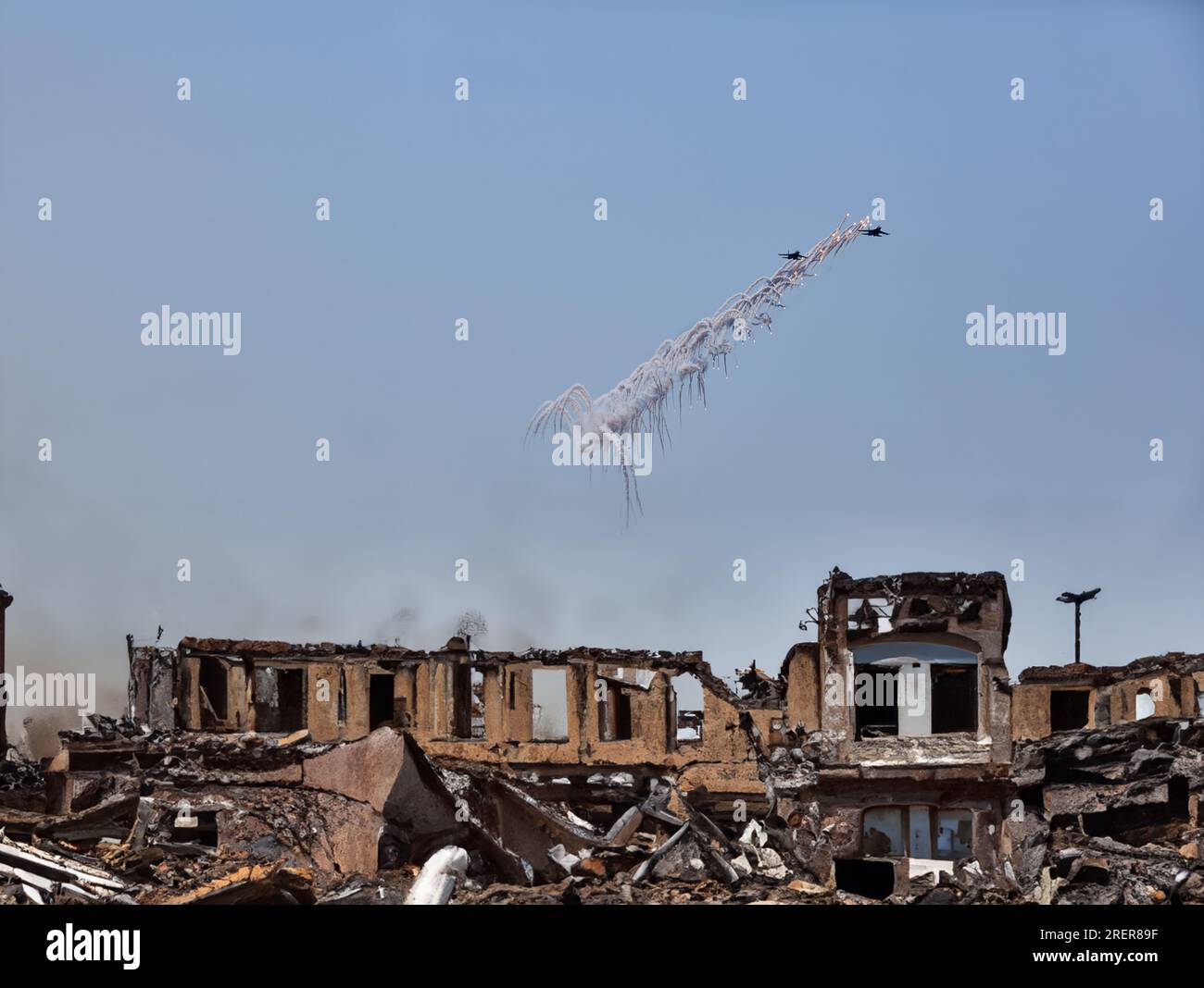a fighter jet during an aerial battle. Military aircraft launching heat ...