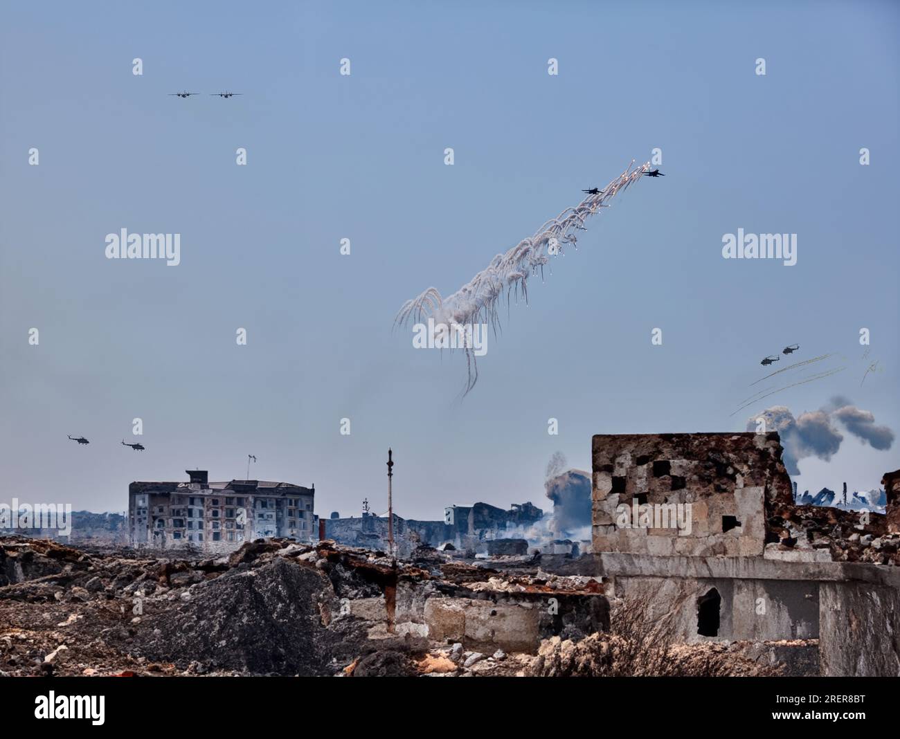 a fighter jet during an aerial battle. Military aircraft launching heat ...
