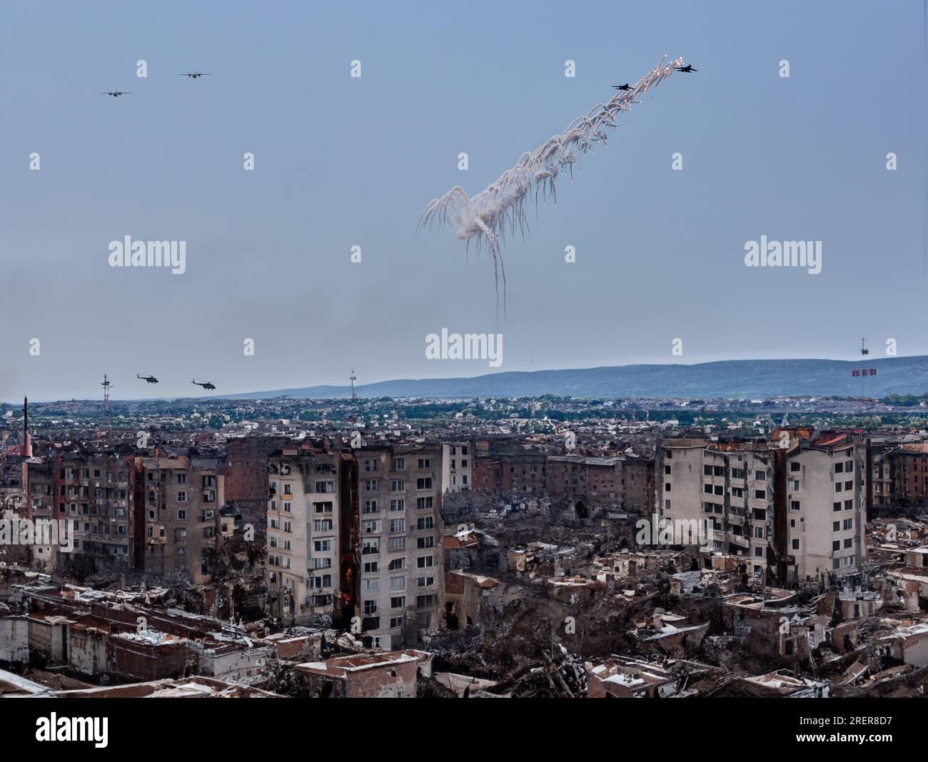 a fighter jet during an aerial battle. Military aircraft launching heat ...