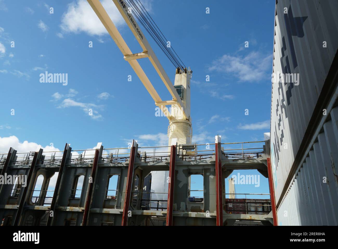 Container vessel with cranes, cell guides and lashing platforms is ...