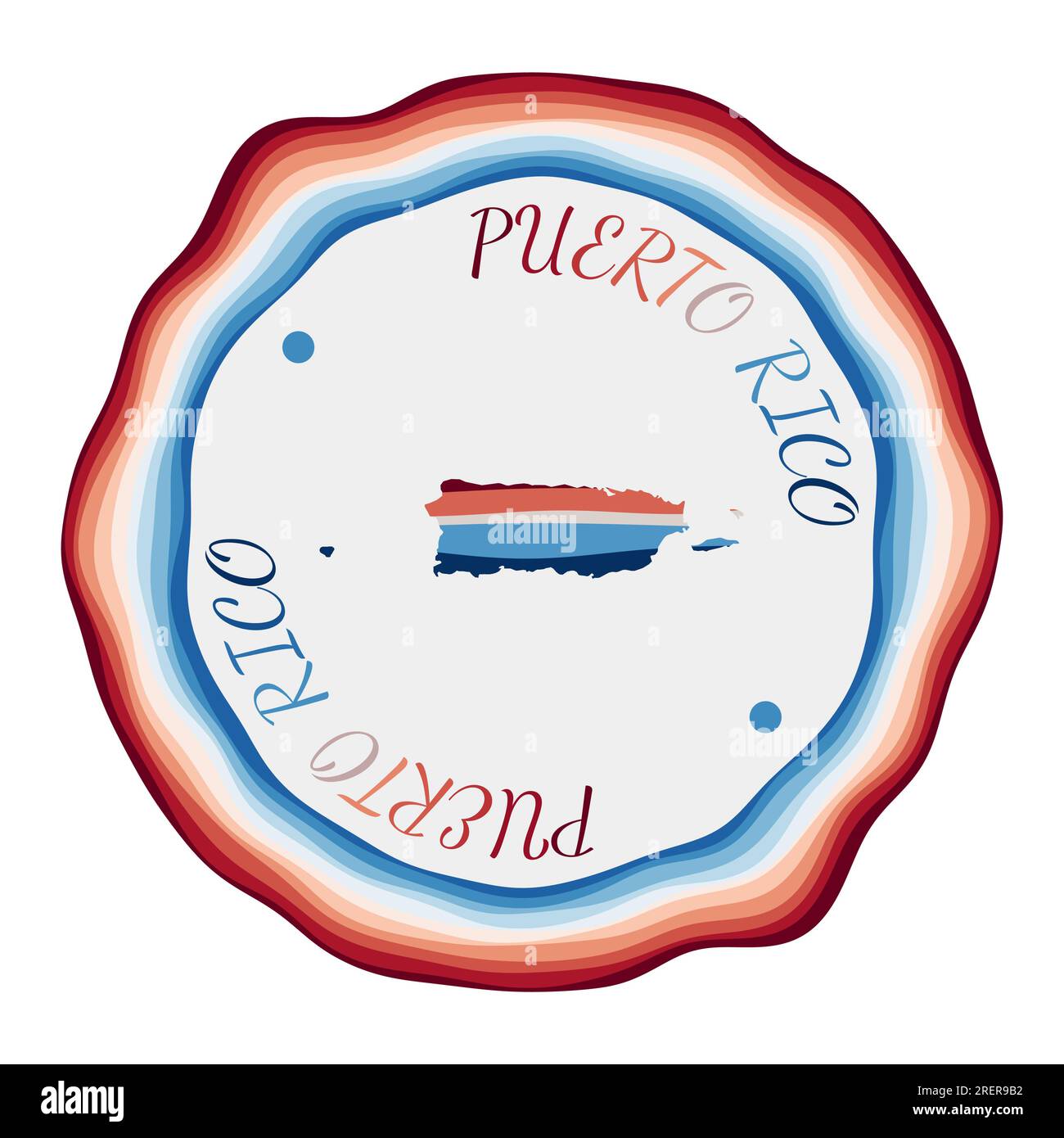 Puerto Rico badge. Map of the country with beautiful geometric waves and vibrant red blue frame ...
