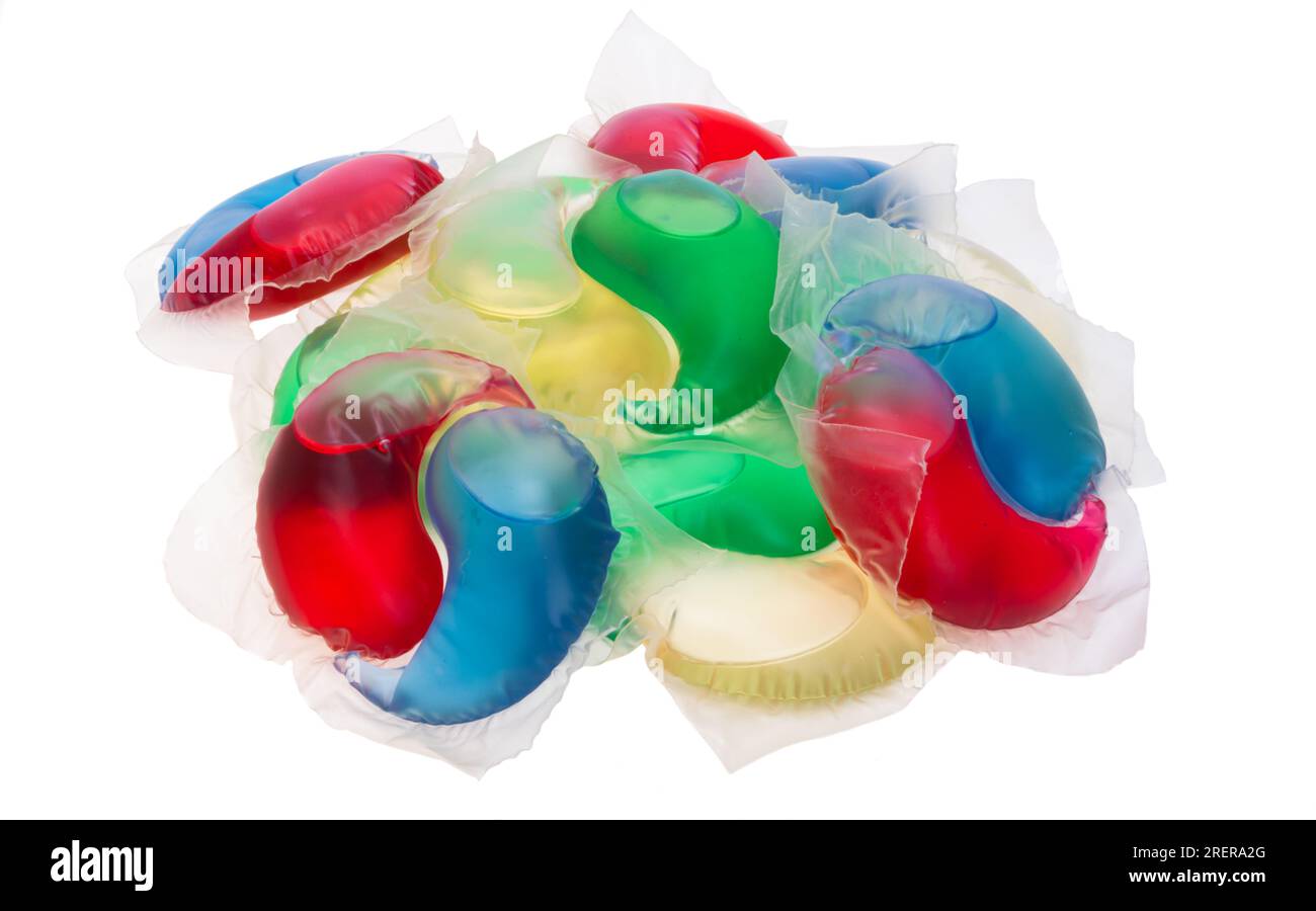 Washing capsules isolated on white background Stock Photo - Alamy