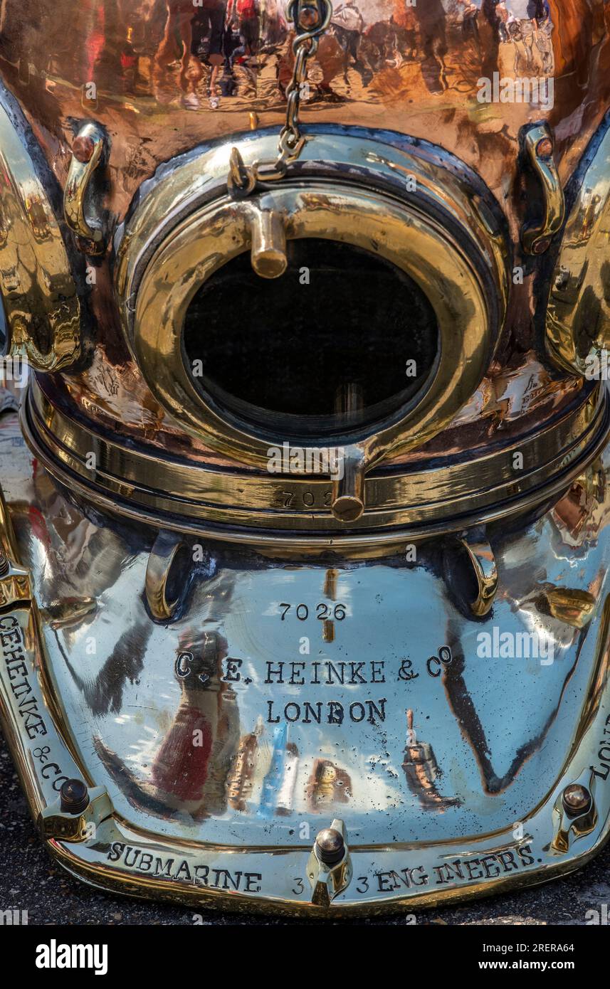 close-up of deep sea diving helmet. antique divers helmet. vintage ...