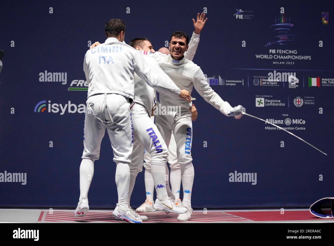 Italy's team celebrate after winning against team France in the men's ...