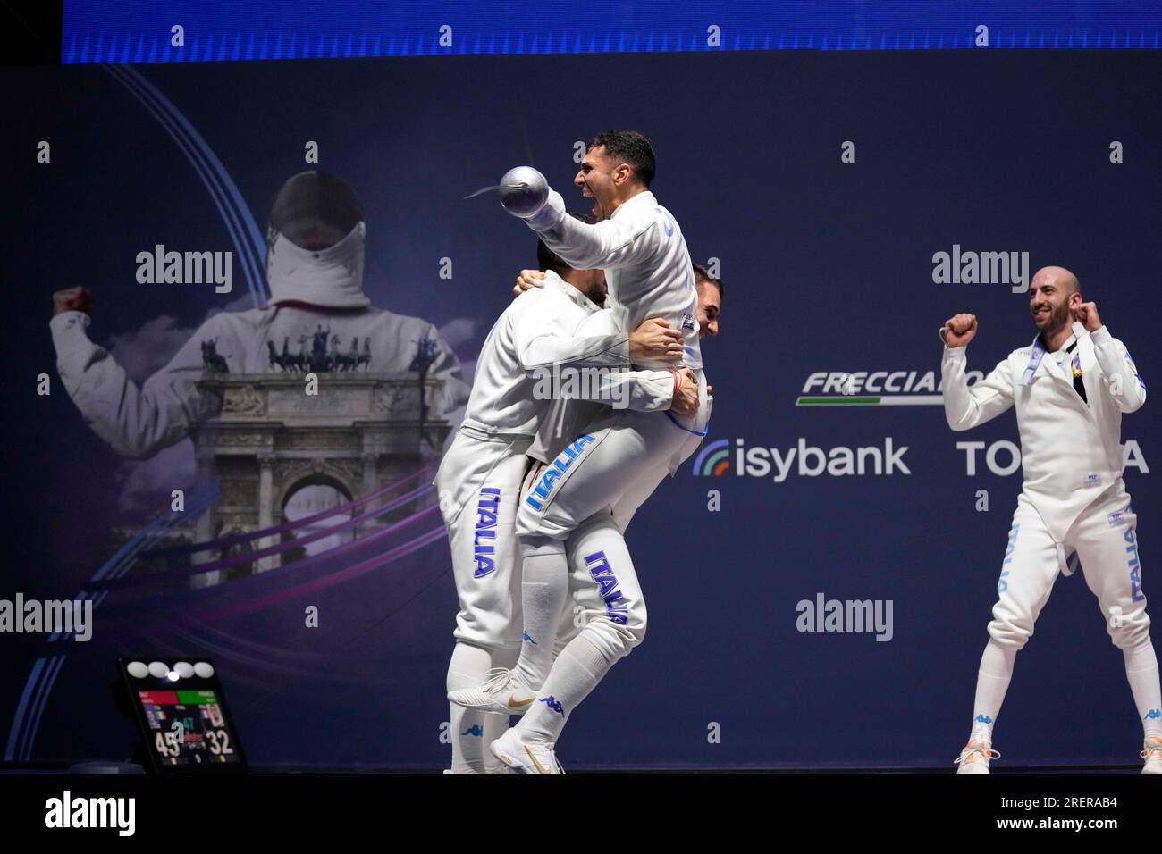 Italy's team celebrate after winning against team France in the men's ...