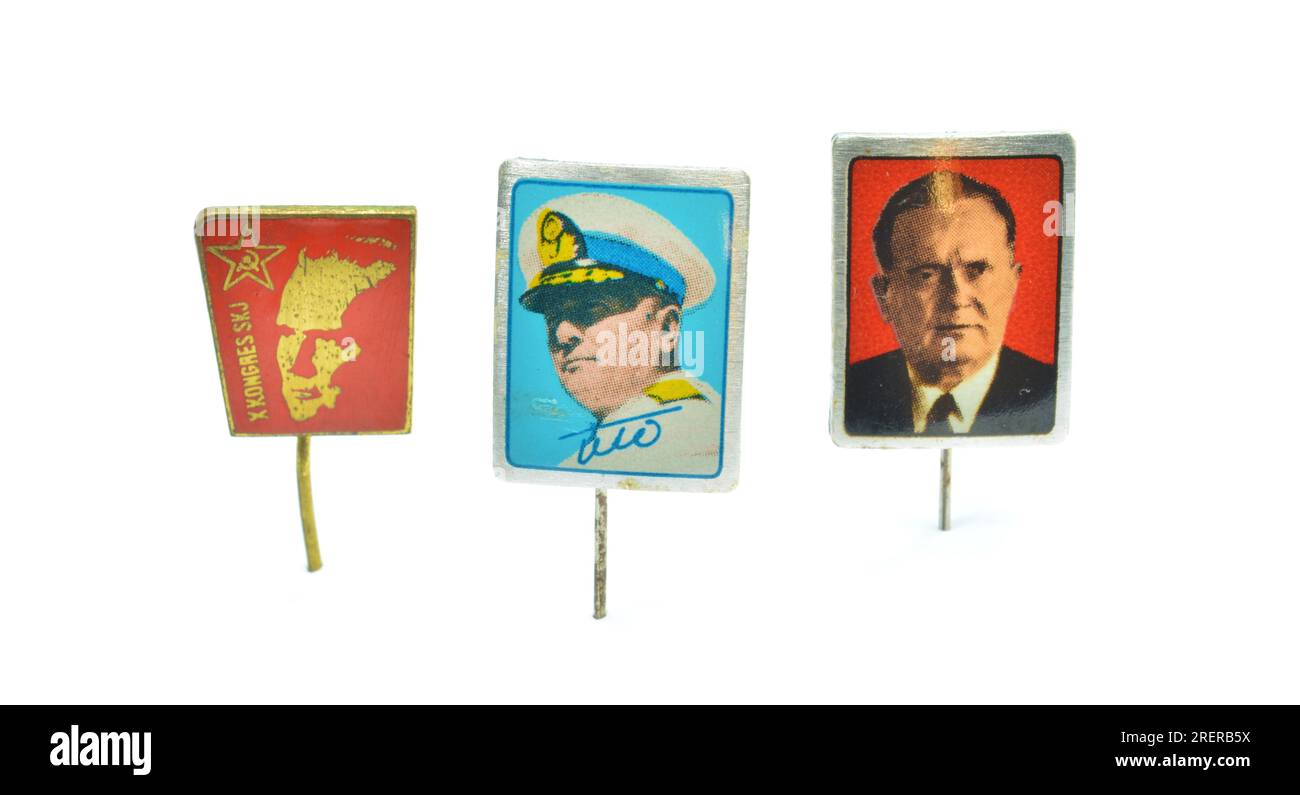 Set of badges that show portrait of Yugoslavian president Josip Broz ...