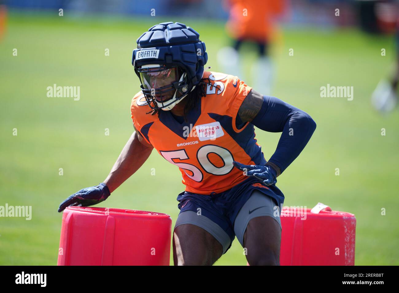 Denver Broncos linebacker Jonas Griffith takes part in drills during an ...
