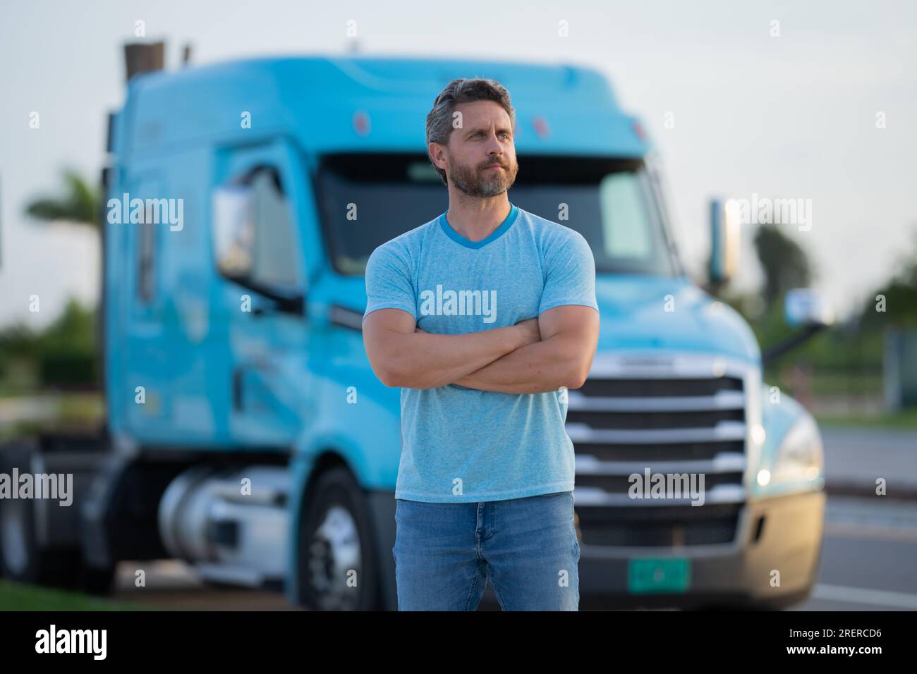 Men driver near lorry truck. Man owner truck driver near truck ...