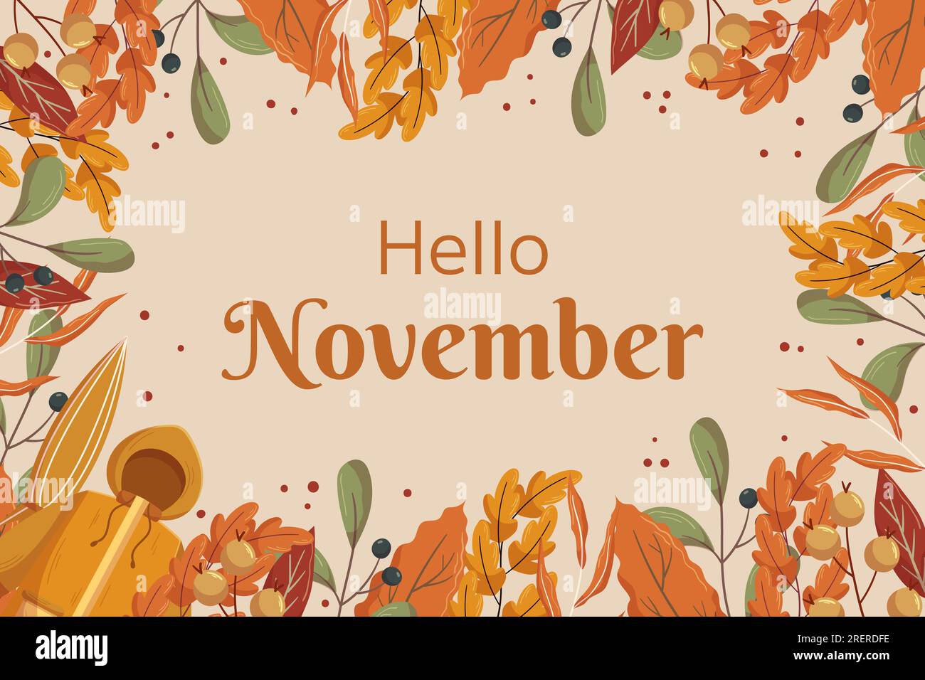 Hello November background design with different leaves branches ...