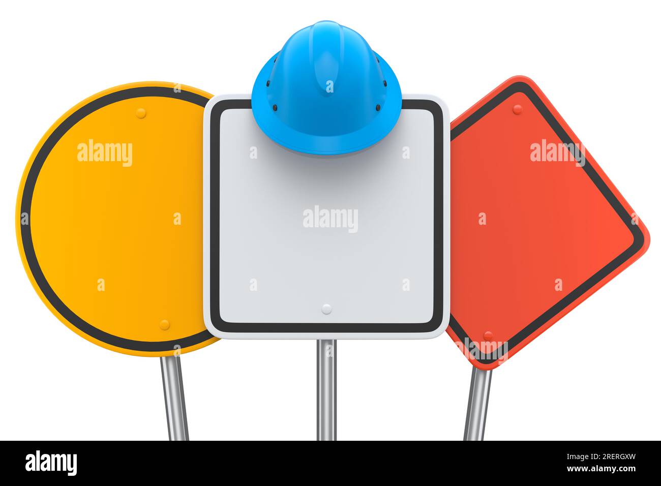 Set of safety helmet or hard hat on road traffic signs on pole isolated ...