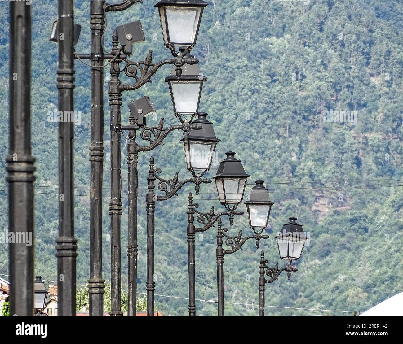 Public lighting poles with classic lanterns in Baia Mare city, Romania ...