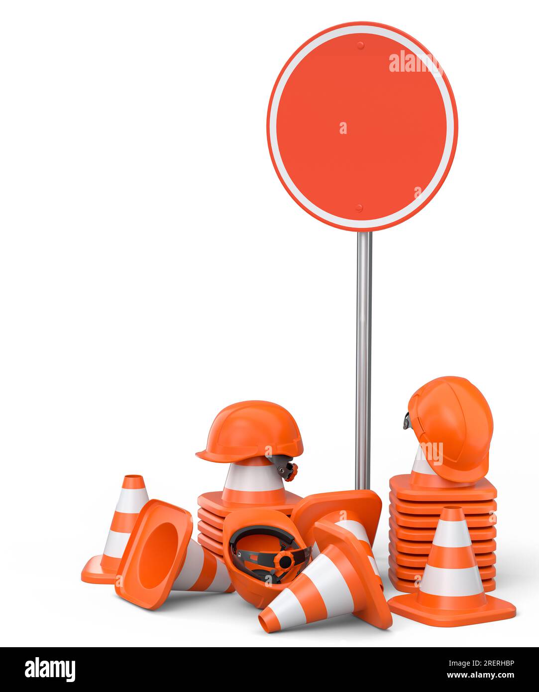 Set of safety helmets or hard hats and traffic cones, road sign for ...