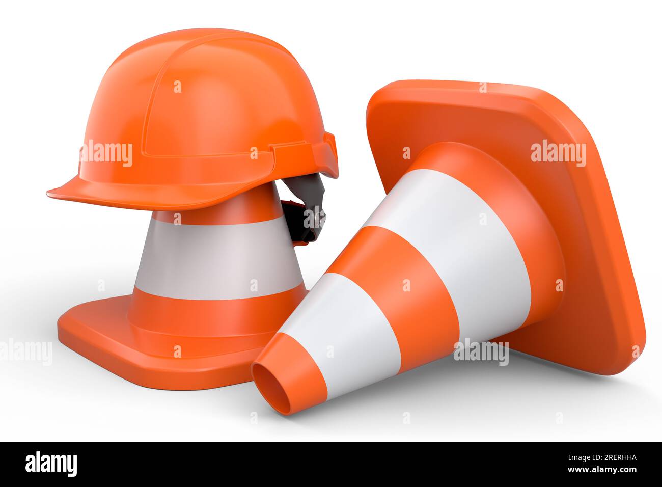 Stack of safety helmets or hard hats and traffic cones for under ...