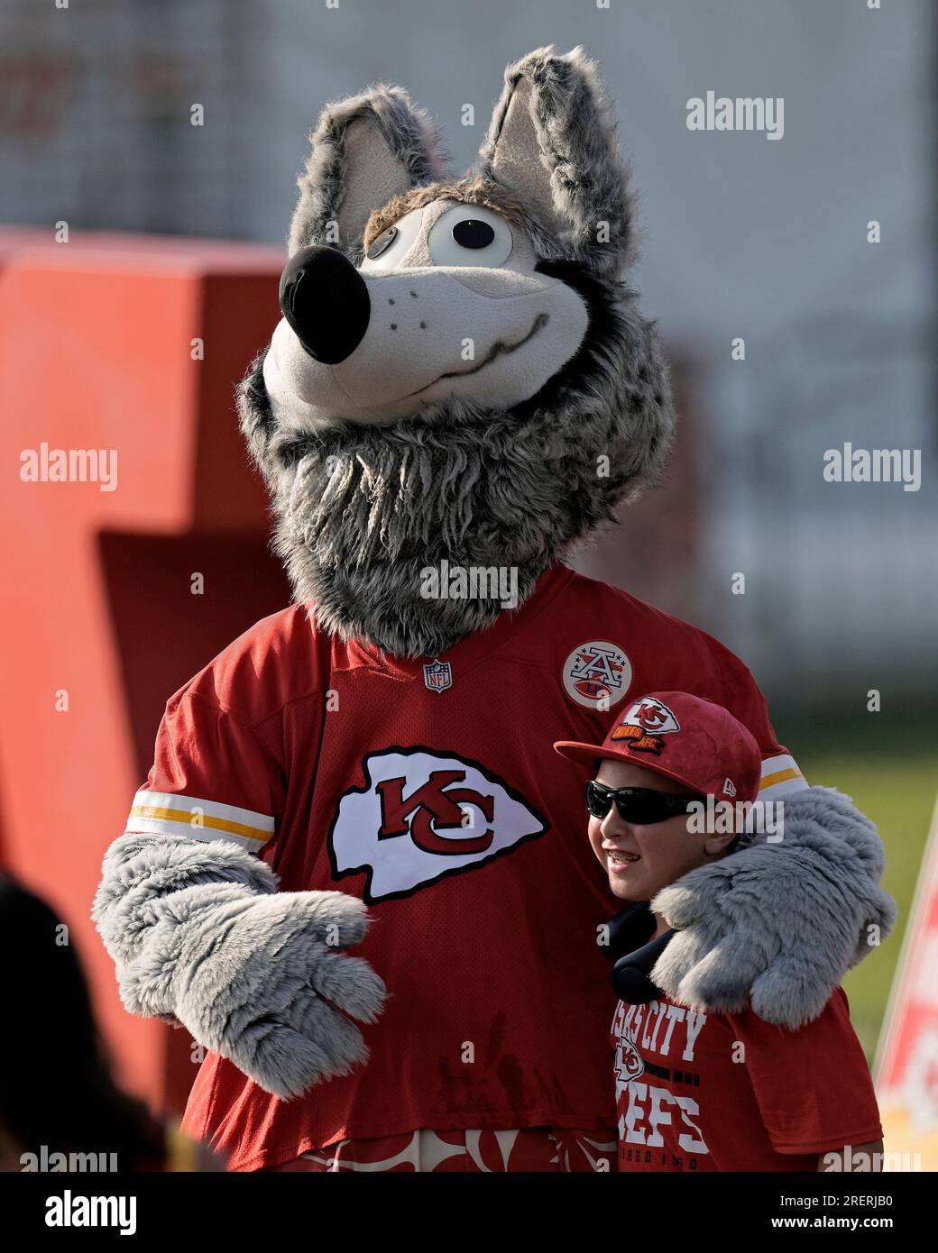 Kansas City Chiefs mascot KC Wolf poses for a photo with a young fan ...